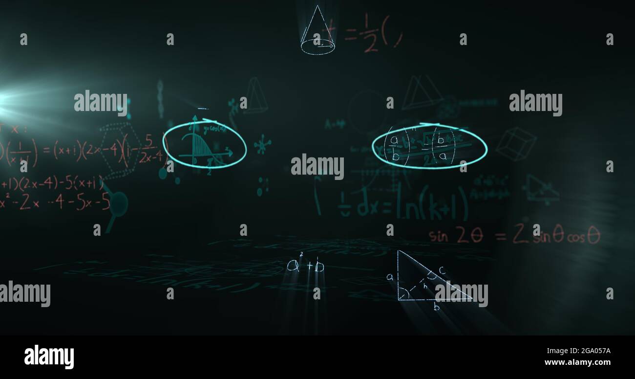 Mathematical equations floating against black background Stock Photo ...