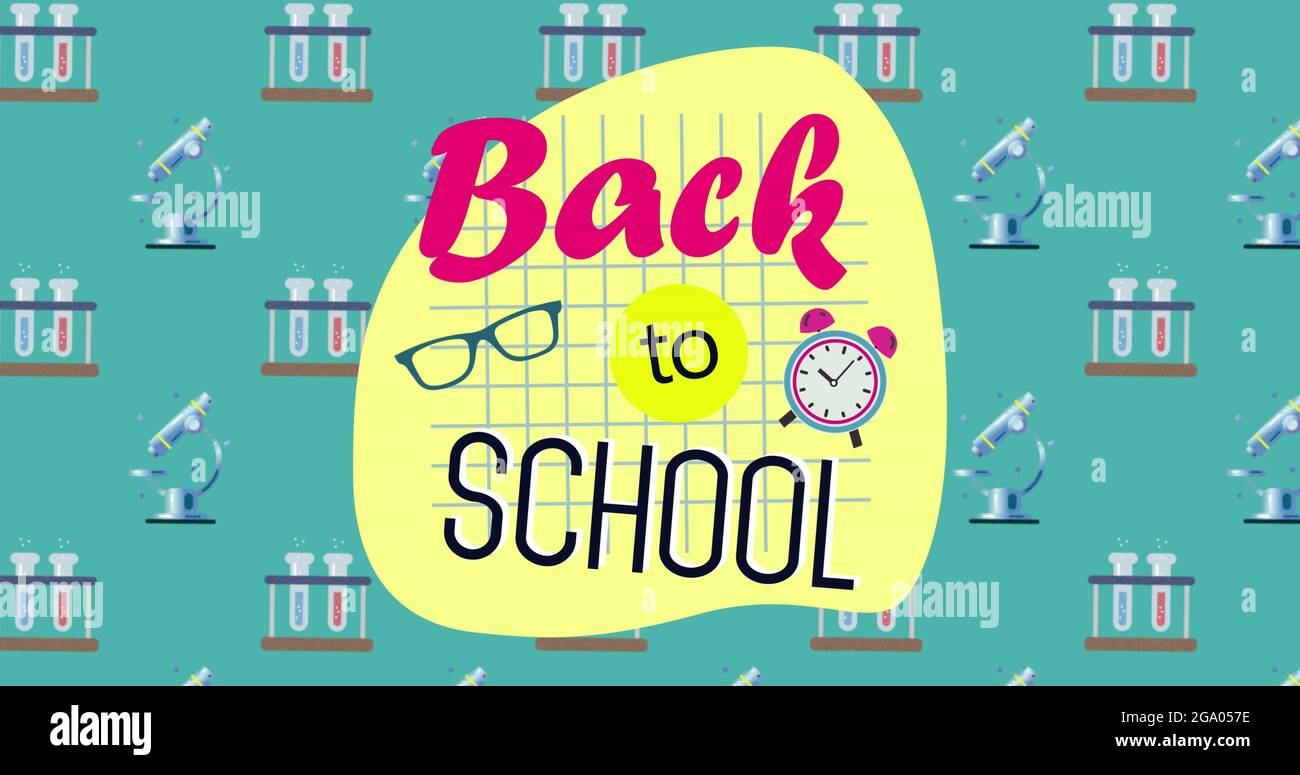 Welcome back to school text against multiple test tubes and microscope ...