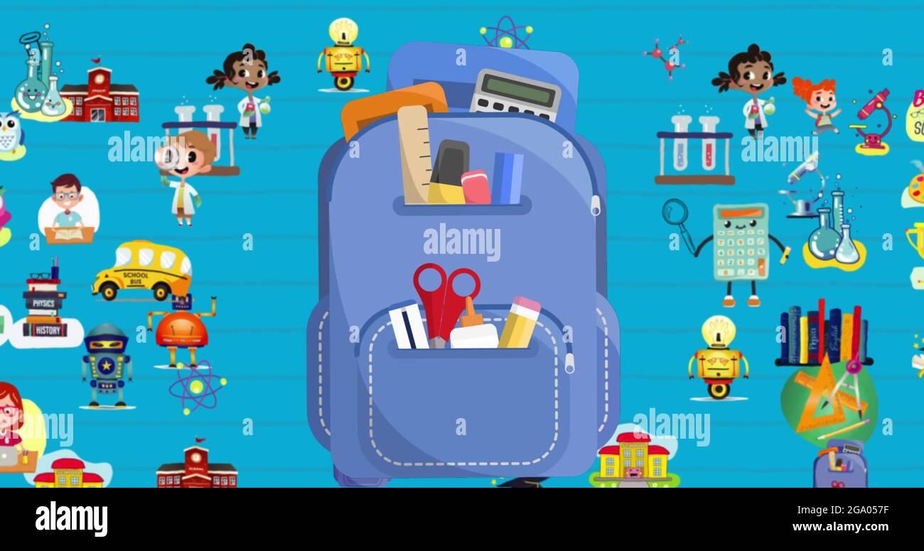 Multiple school concept icons moving against blue background Stock ...