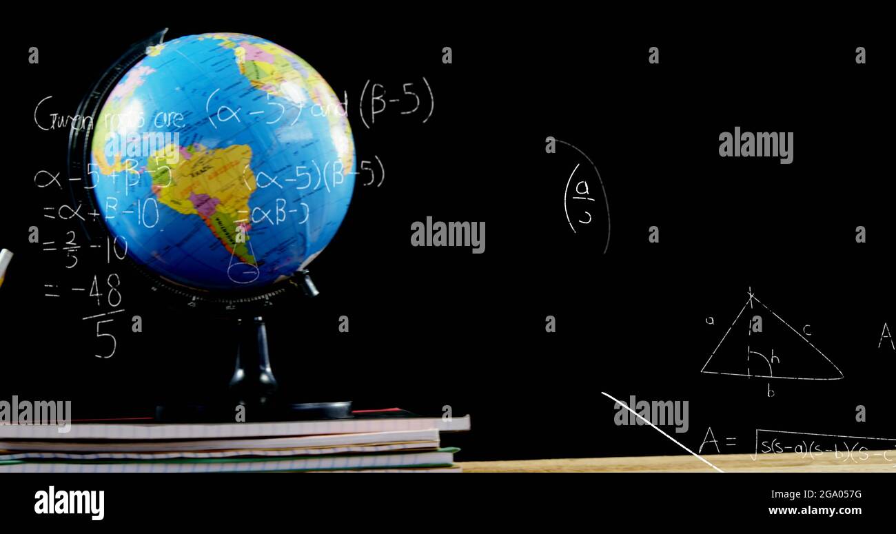 Mathematical equations floating against globe, coffee cup and pencil ...