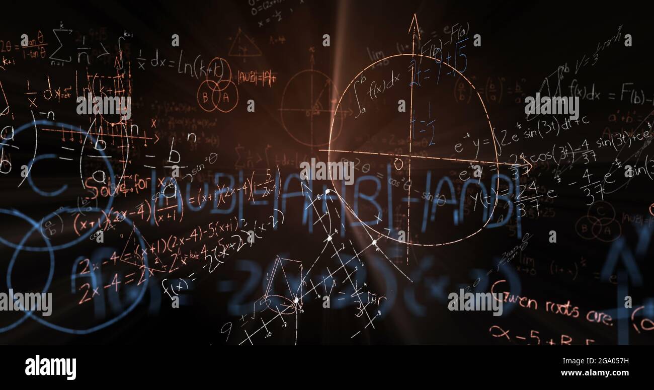 Mathematical equations floating against black background Stock Photo ...