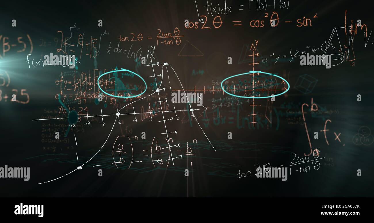 Mathematical equations floating against black background Stock Photo ...