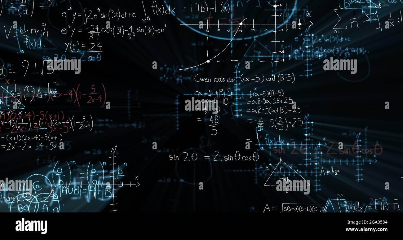 Mathematical equations and diagrams floating against black background ...
