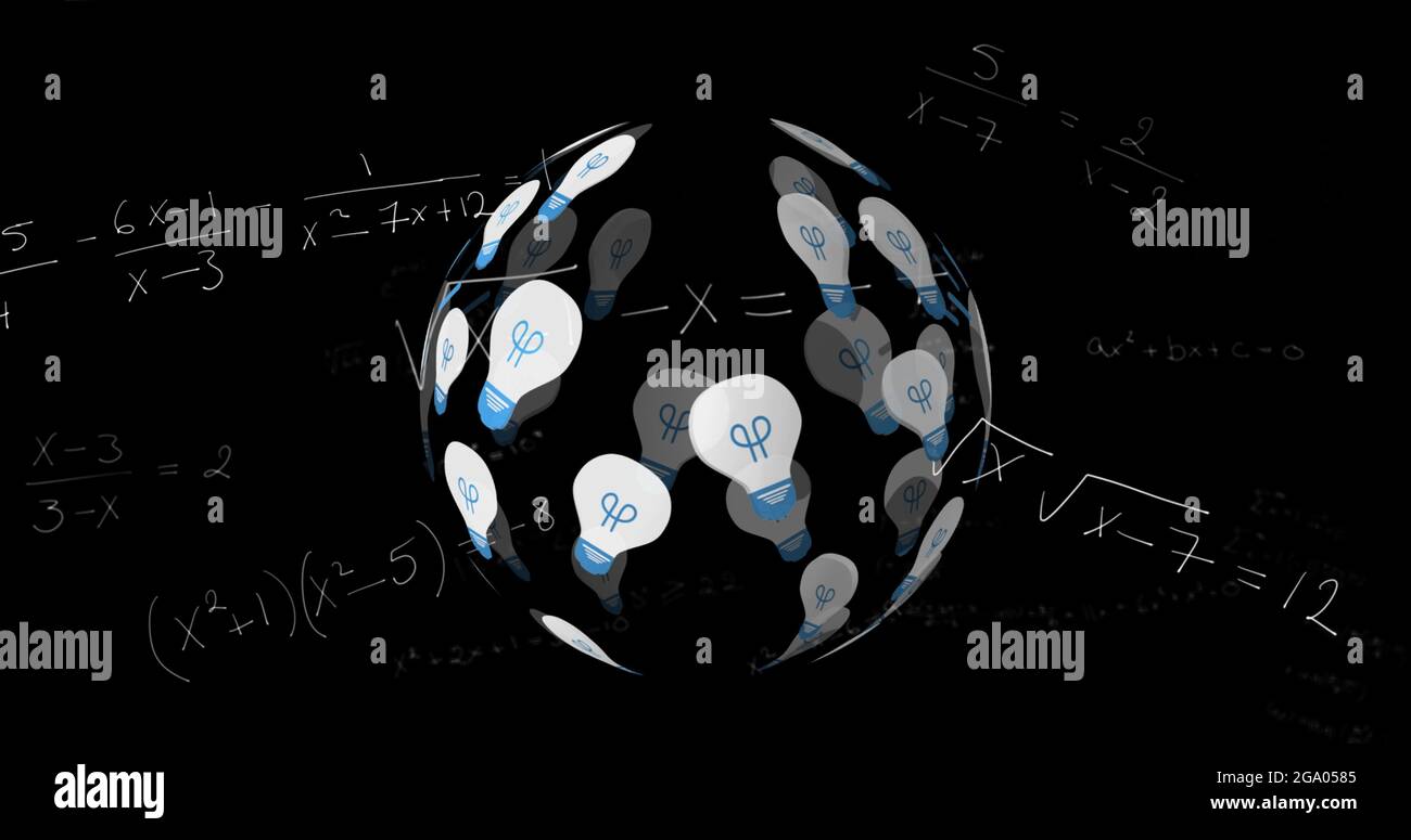Bulb icons forming a globe spinning against mathematical equations on ...