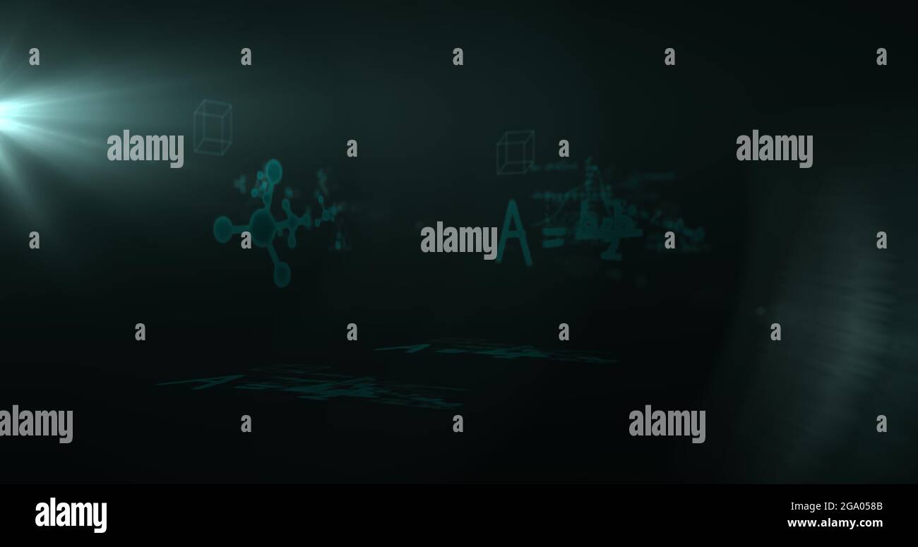Mathematical equations floating against black background Stock Photo ...