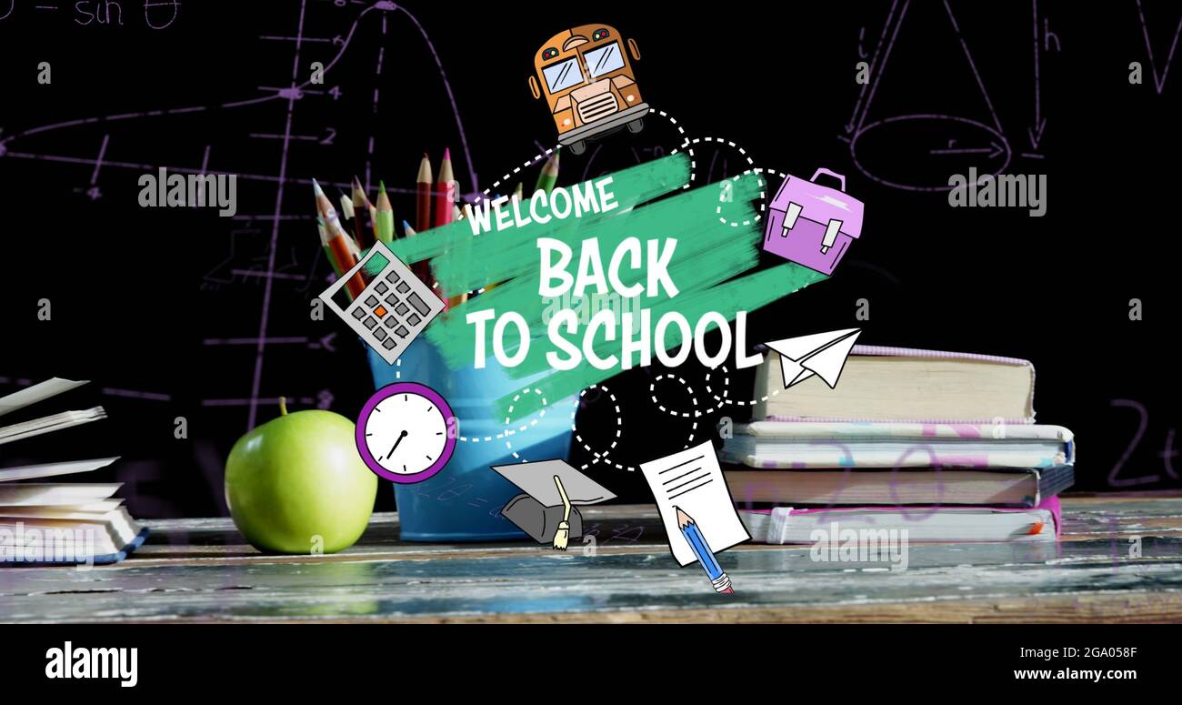 Welcome back to school text against apple, stack of books and pencil ...