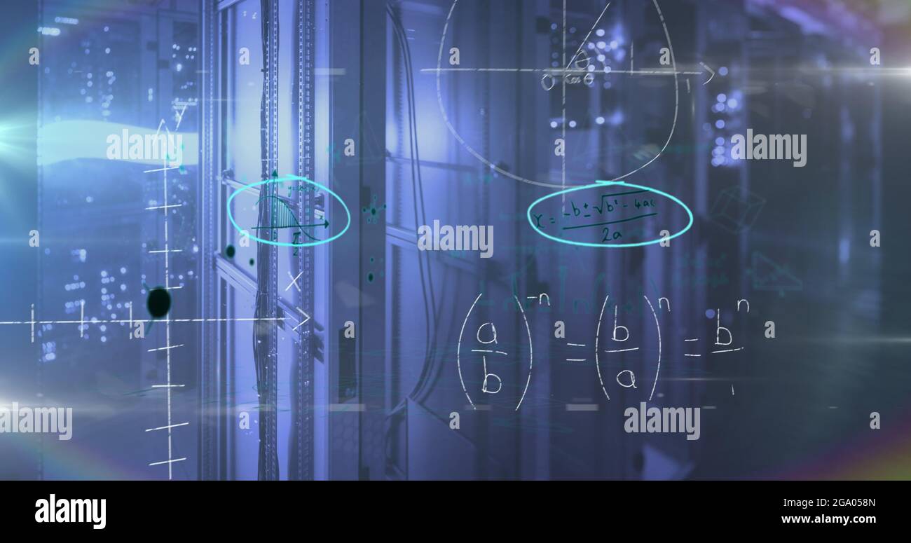 Mathematical equations and rainbow flare against empty server room ...