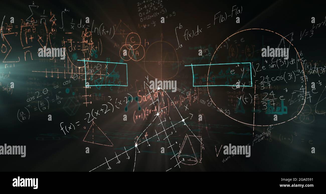 Mathematical equations floating against black background Stock Photo ...