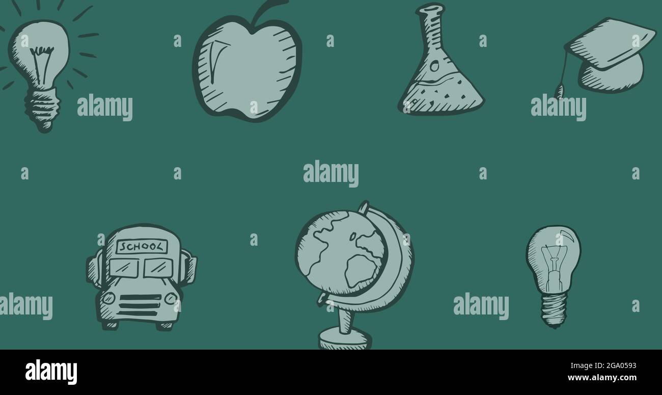 Image of chalk drawn school related icons moving over green chalkboard ...