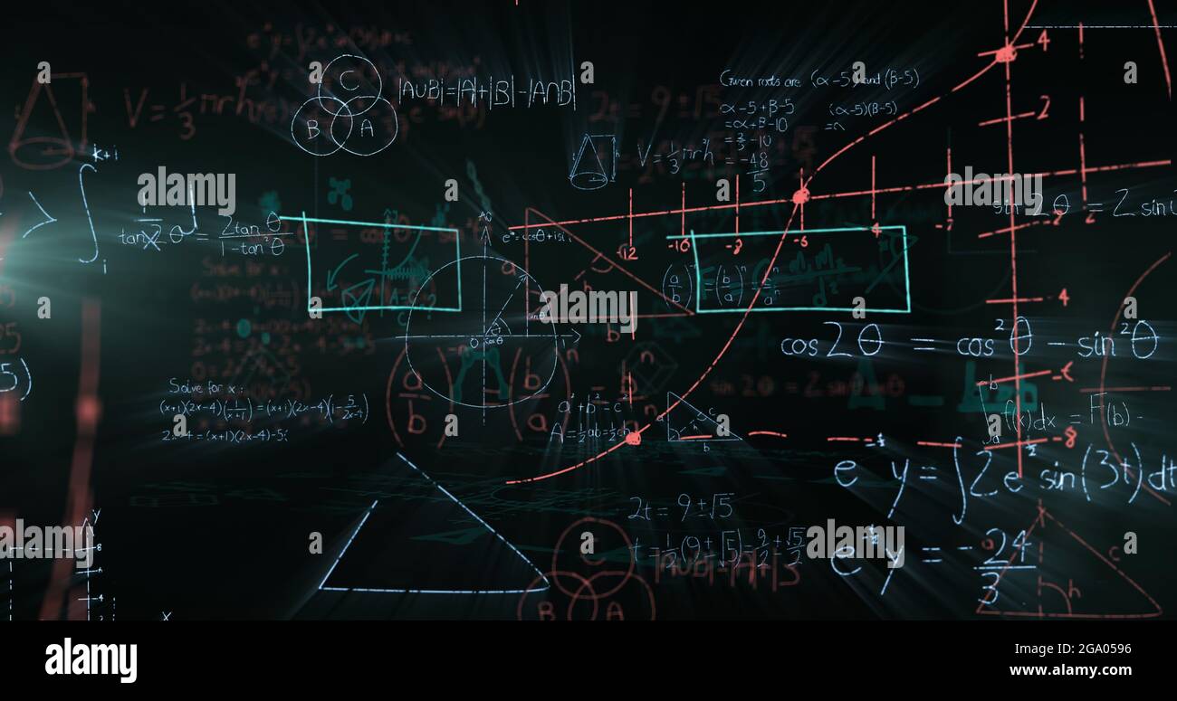 Mathematical equations floating against black background Stock Photo ...