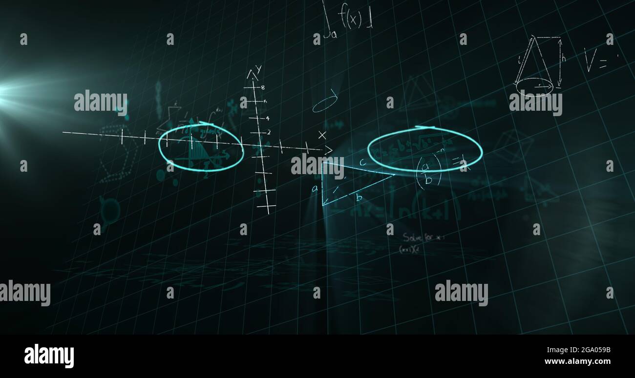 Mathematical equations floating against black background Stock Photo ...