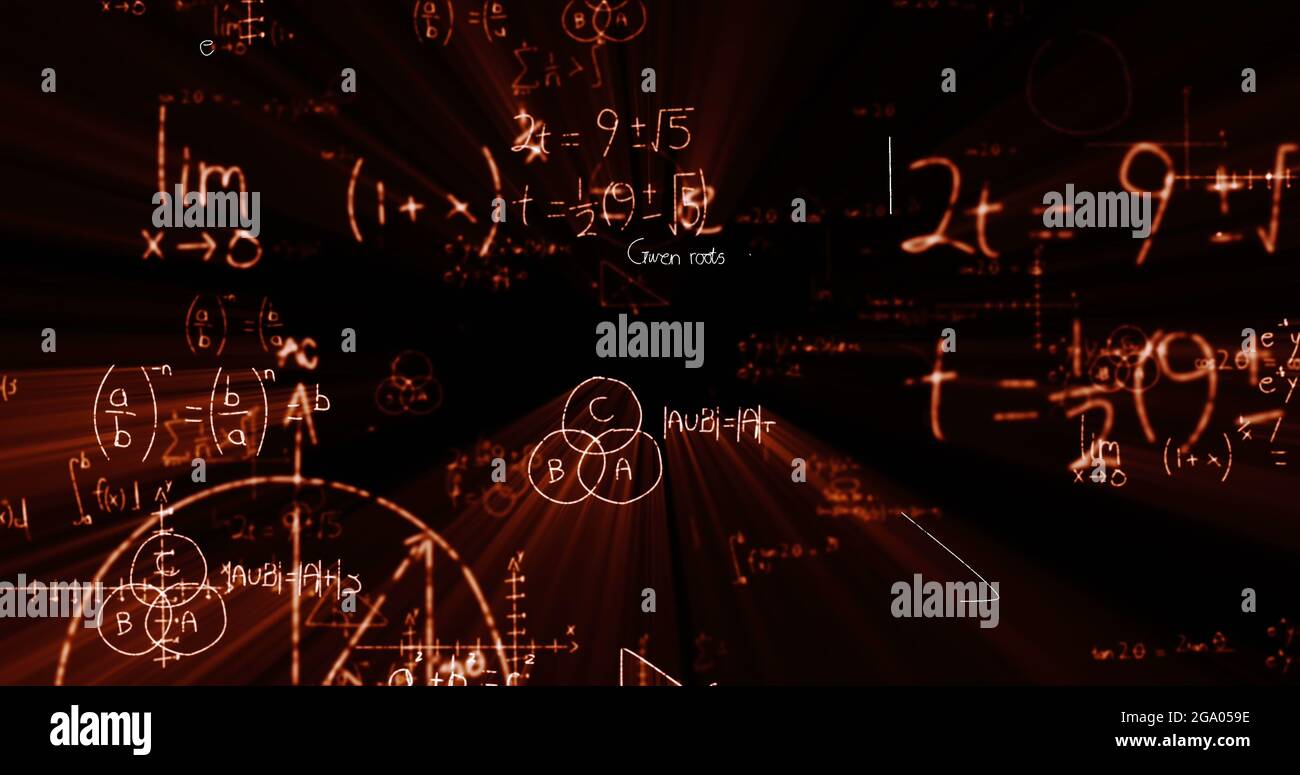 Mathematical equations floating against black background Stock Photo ...