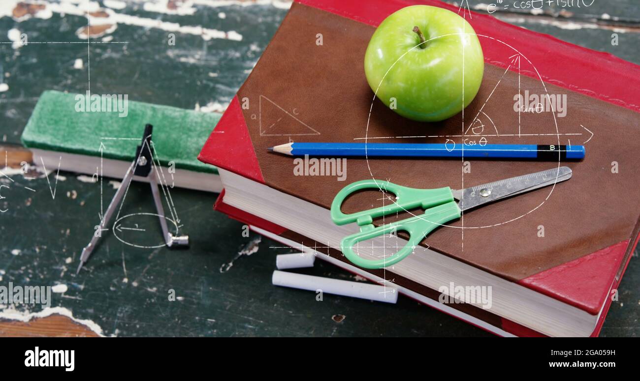 Mathematical equations and diagrams floating against school equipments ...