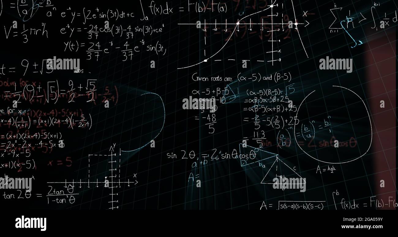 Mathematical equations floating against black background Stock Photo ...
