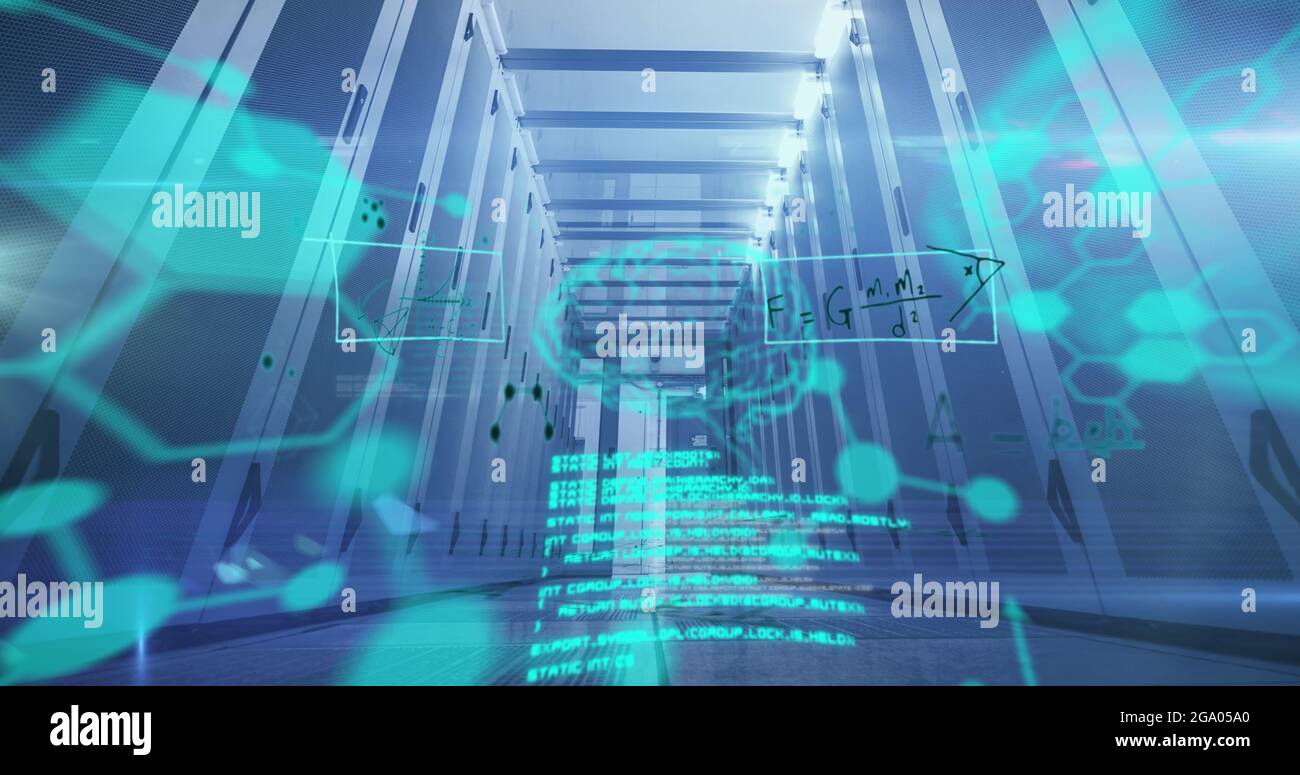 Chemical structures and data processing against empty server room Stock ...