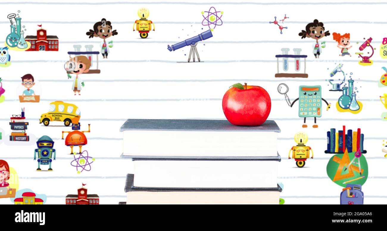 Multiple school concept icons moving against white ruled paper Stock ...