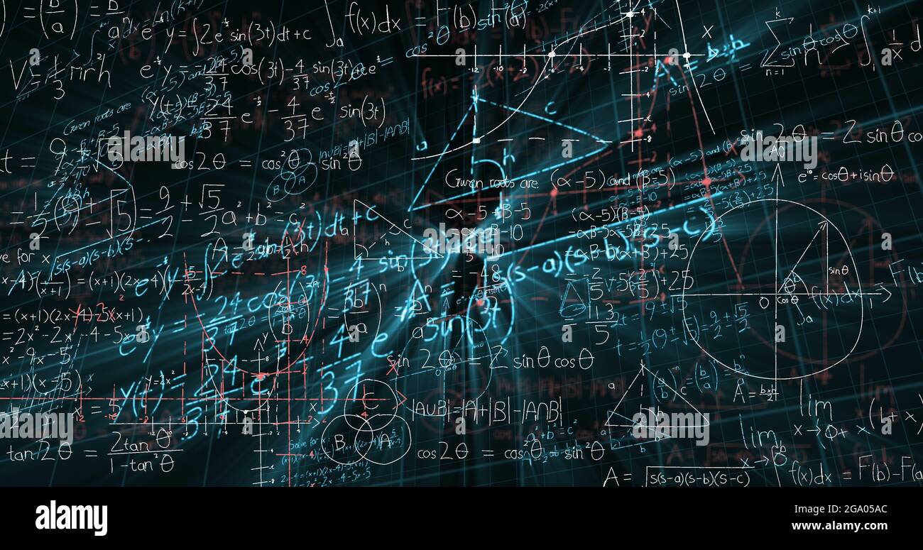 Mathematical equations floating against black background Stock Photo ...