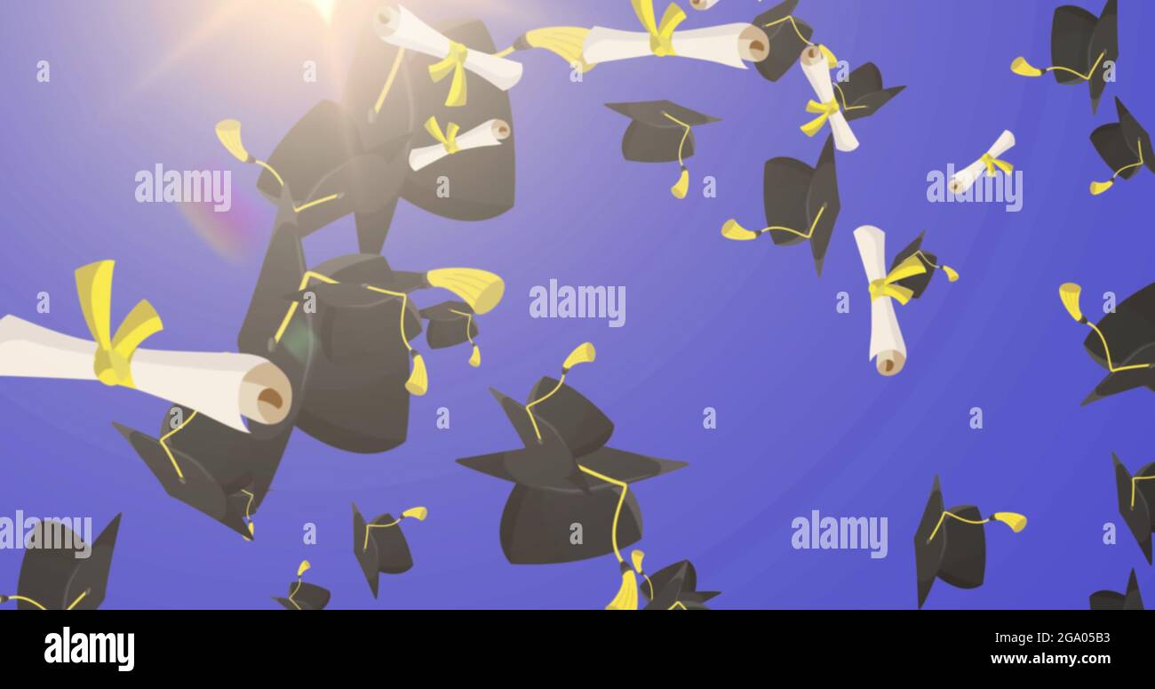 Multiple graduation hat and diploma icons falling against blue ...