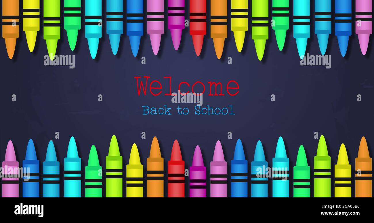 Welcome back to school text against multiple colored crayons on blue ...