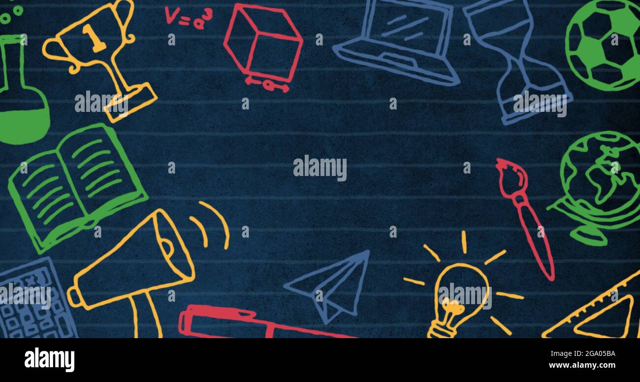 Multiple school concept icons against blue background Stock Photo - Alamy