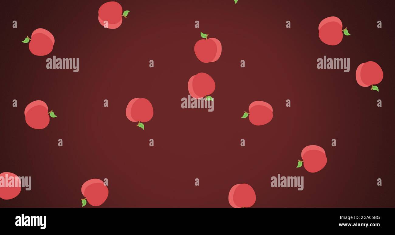 Multiple apple icons falling against red background Stock Photo - Alamy