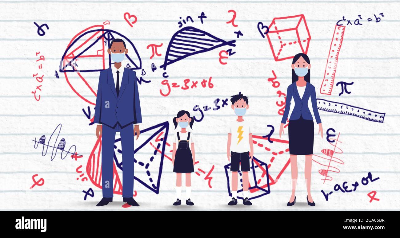 Family wearing face mask icons against mathematical equations and ...