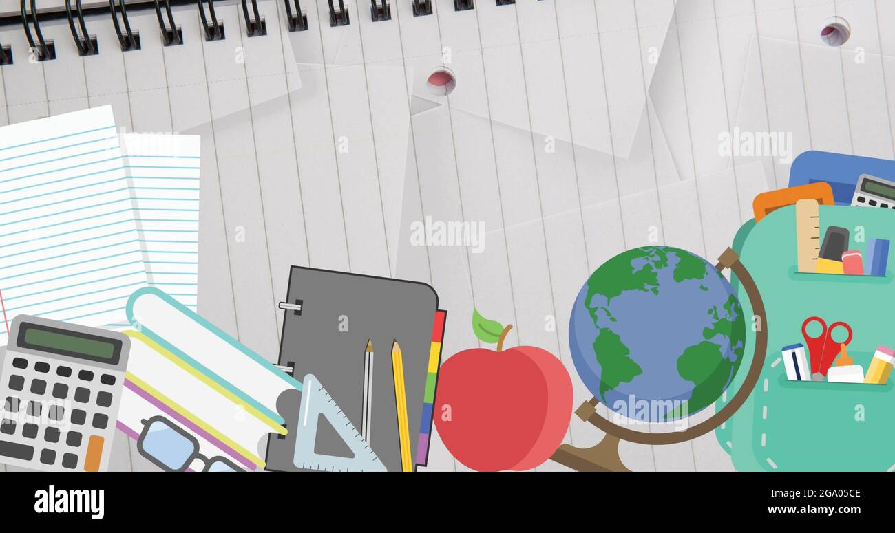 Multiple school concept icons against white lined paper Stock Photo - Alamy