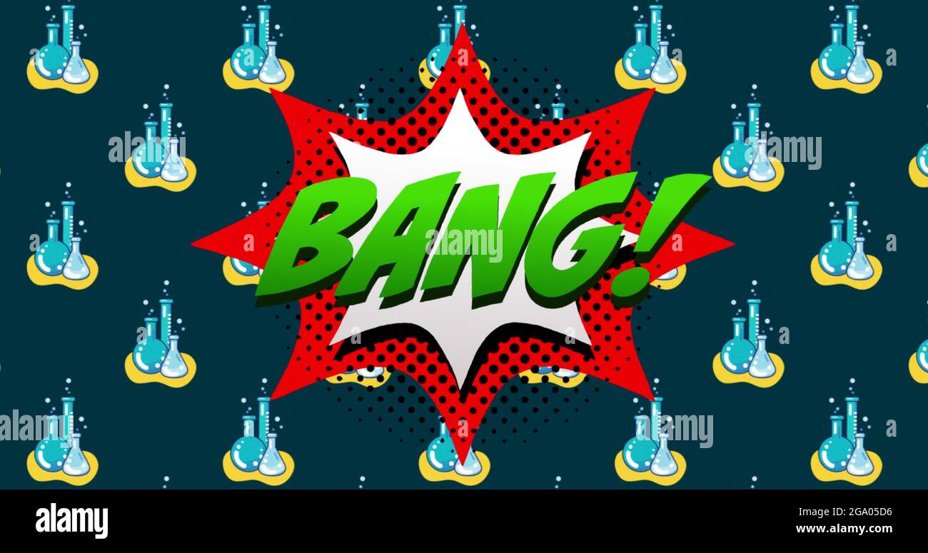 Bang text on speech bubble against blue background Stock Photo - Alamy