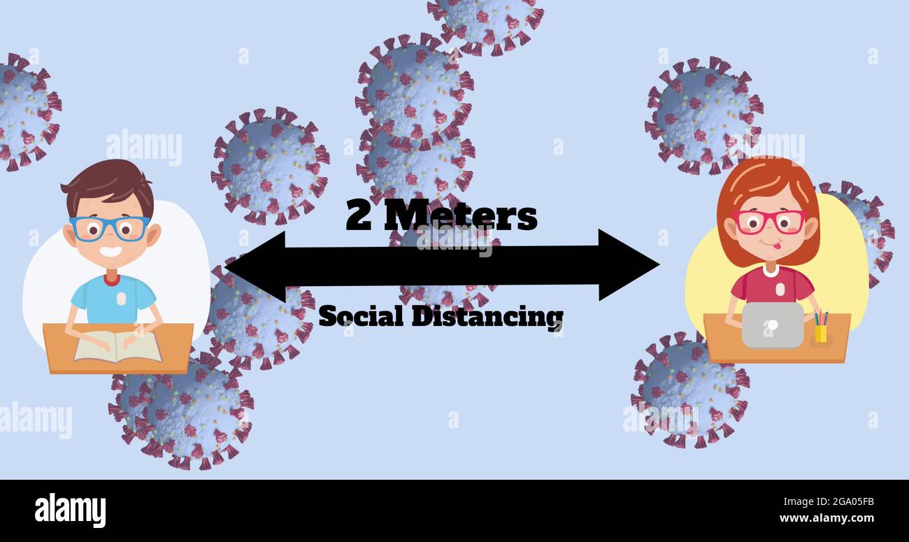 Multiple Covid-19 cells moving against school boy and girl icon ...