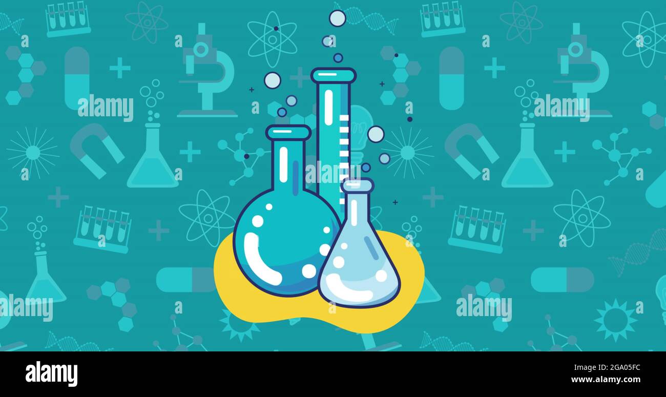 Laboratory beakers icon against science concept icons on blue ...