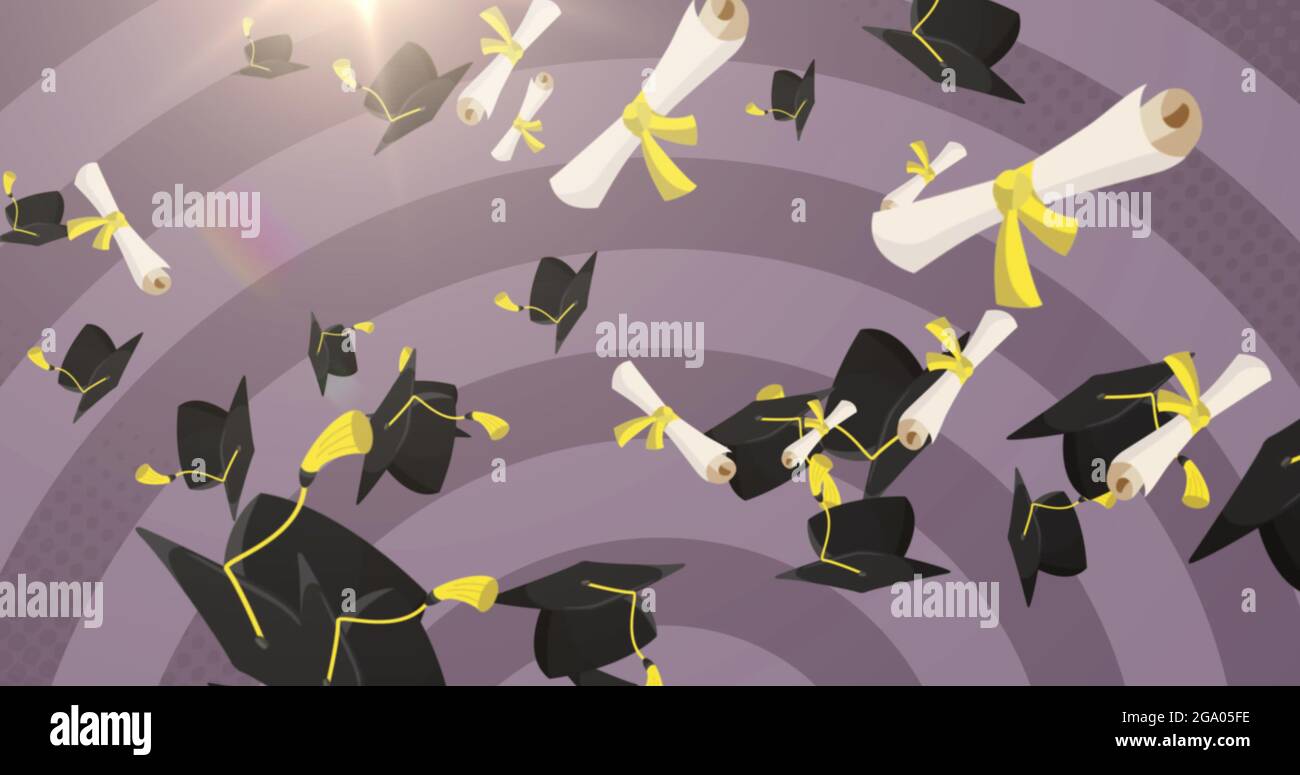 Multiple graduation hat and diploma icons falling against multiple ...