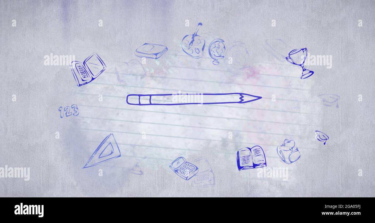 Multiple school concept icons against white lined paper Stock Photo - Alamy