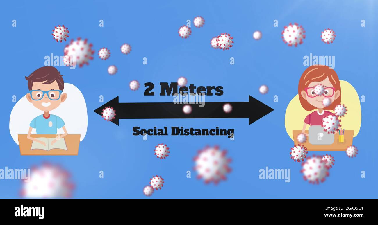 Multiple Covid-19 cells moving against school boy and girl icon ...