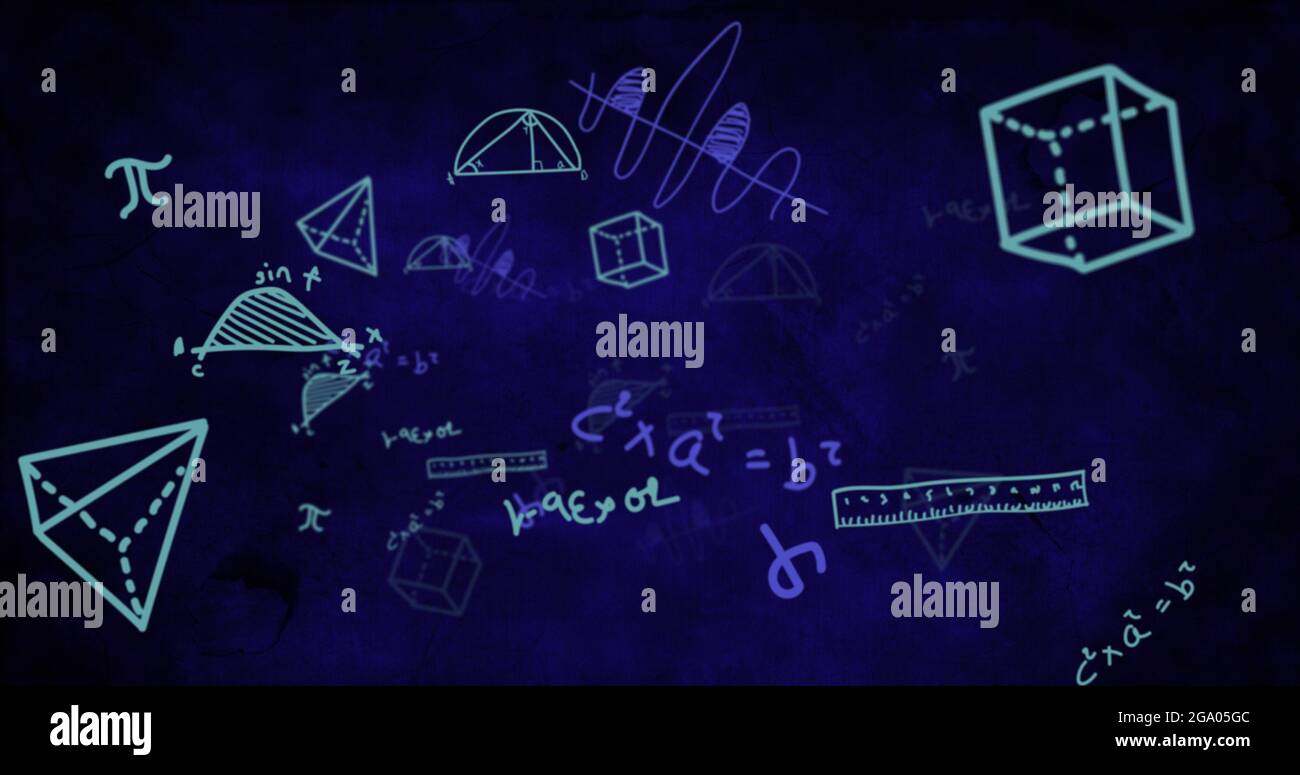 Mathematical equations and diagrams against blue background Stock Photo ...