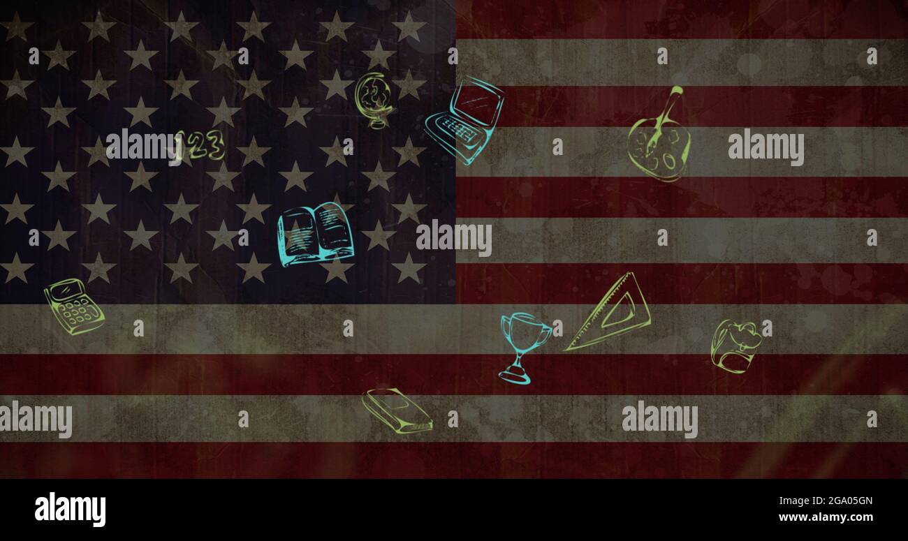 Multiple school concept icons against american flag in background Stock ...