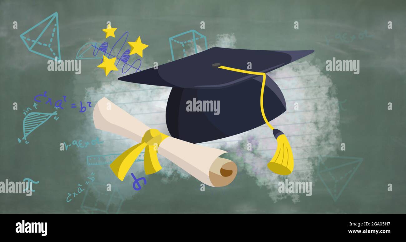 Graduation hat and diploma icon against mathematical diagrams and ...
