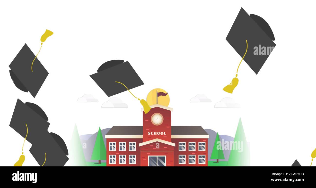 Multiple graduation hats falling over school building icon against ...
