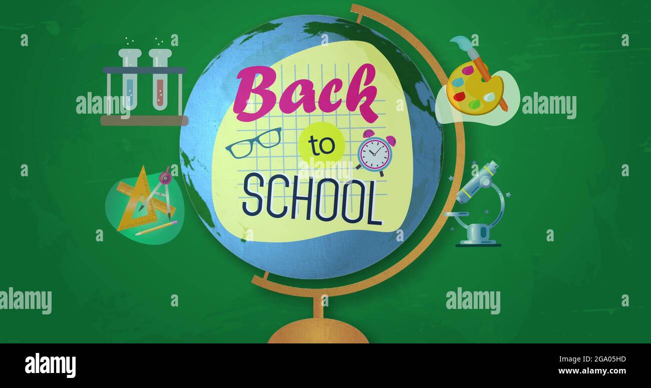 Back To School text and multiple school concept icons against spinning ...