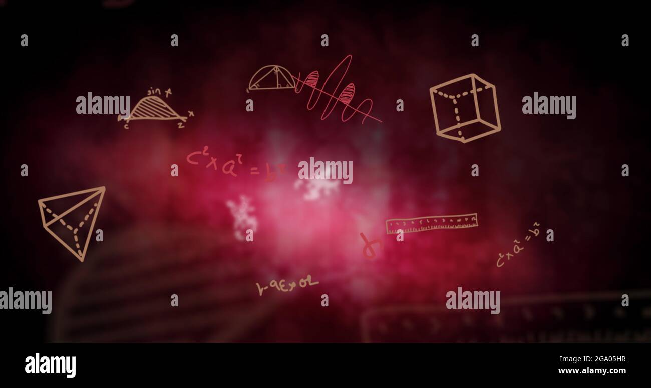 Mathematical equations and diagrams moving against red background Stock ...