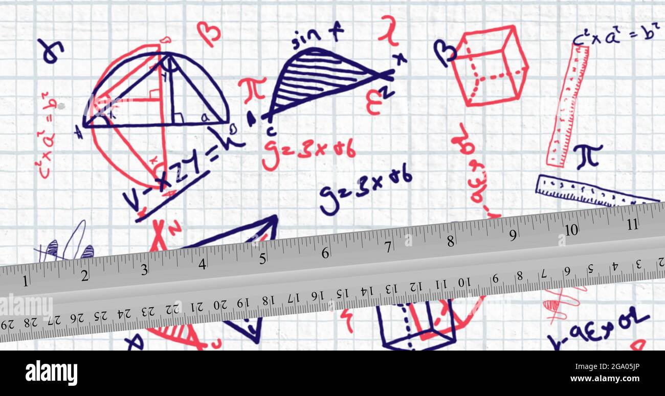 Ruler against mathematical equations and diagrams on square lined paper ...
