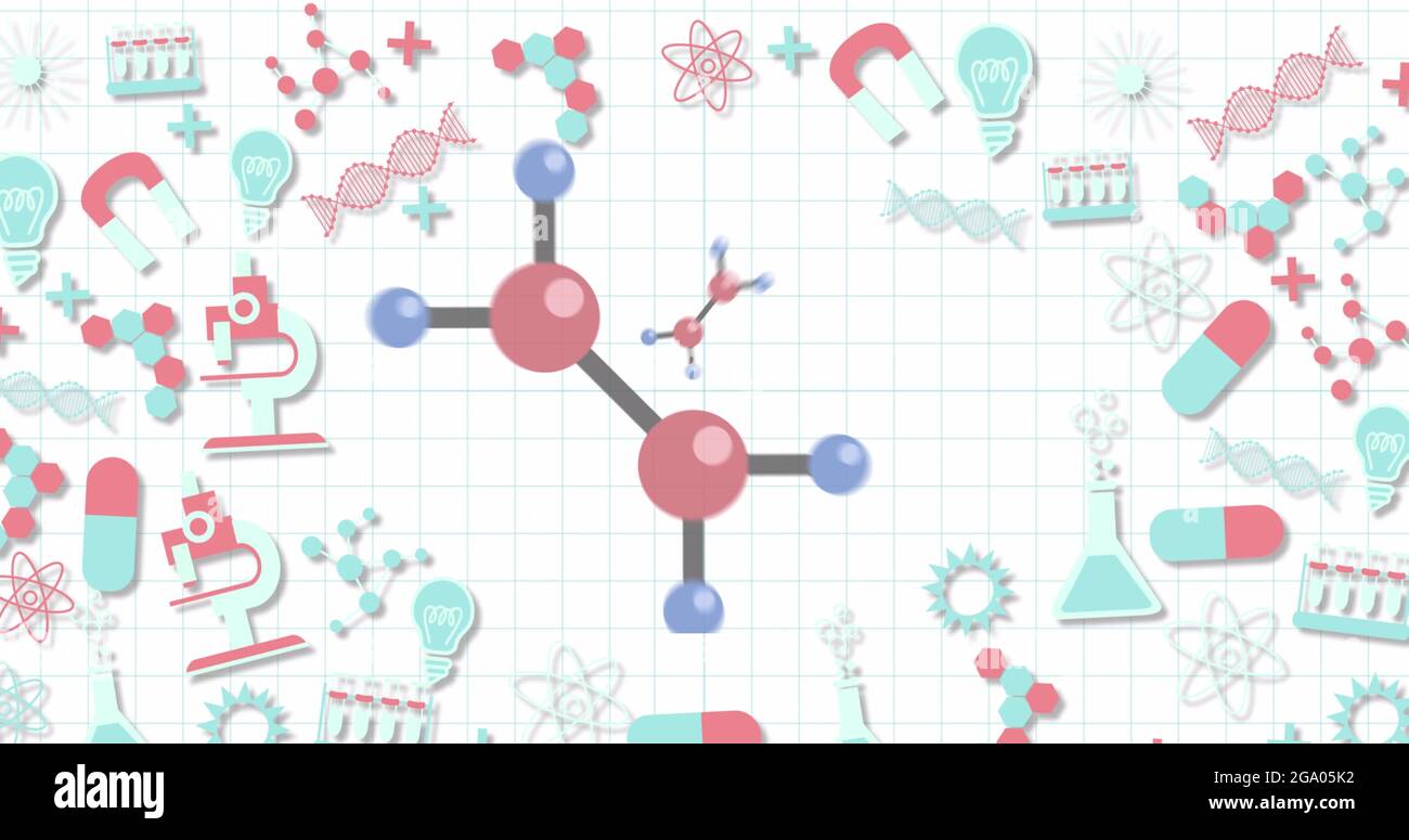 Science concept icons moving against square lined paper Stock Photo - Alamy