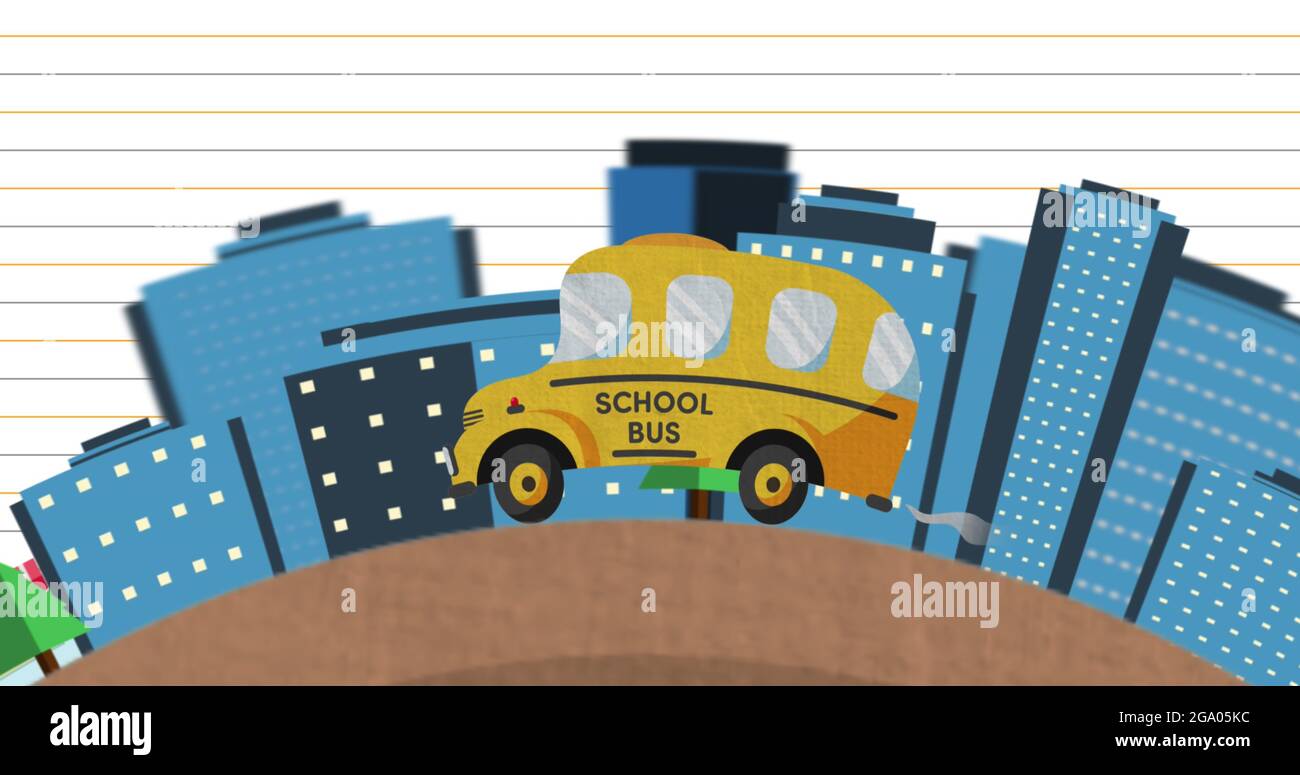 School bus driving across cityscape against white lined paper Stock ...