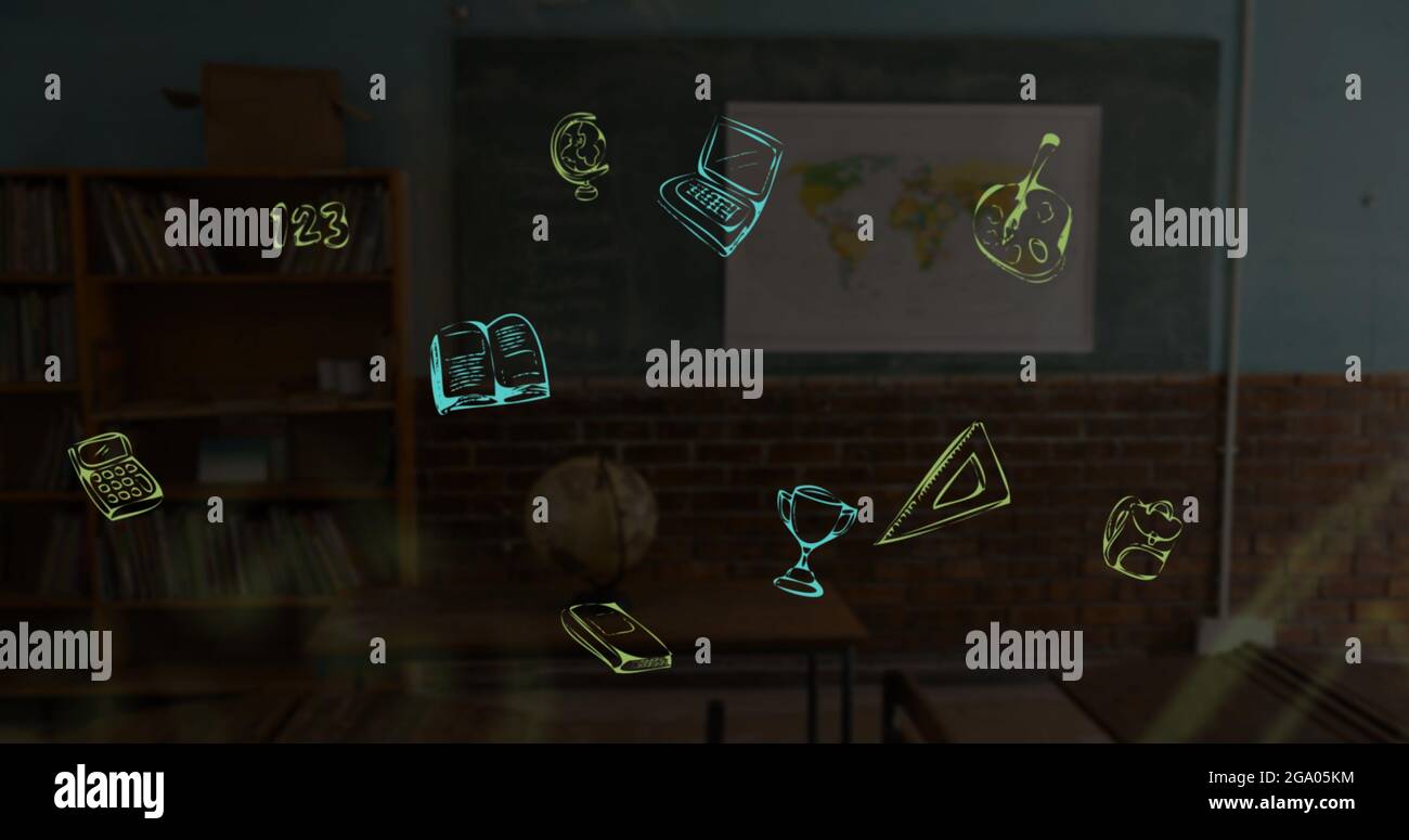 School concept icons over white lined paper against classroom Stock ...