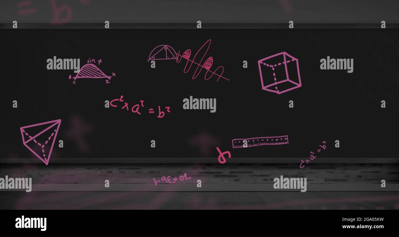Mathematical equations and diagrams against black background Stock ...