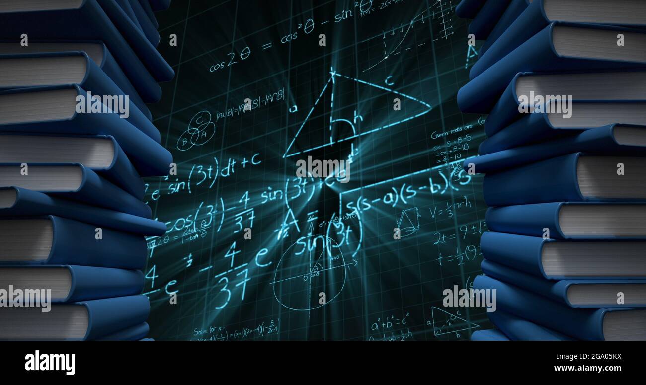 Pile of books and mathematical equations and graphs Stock Photo - Alamy