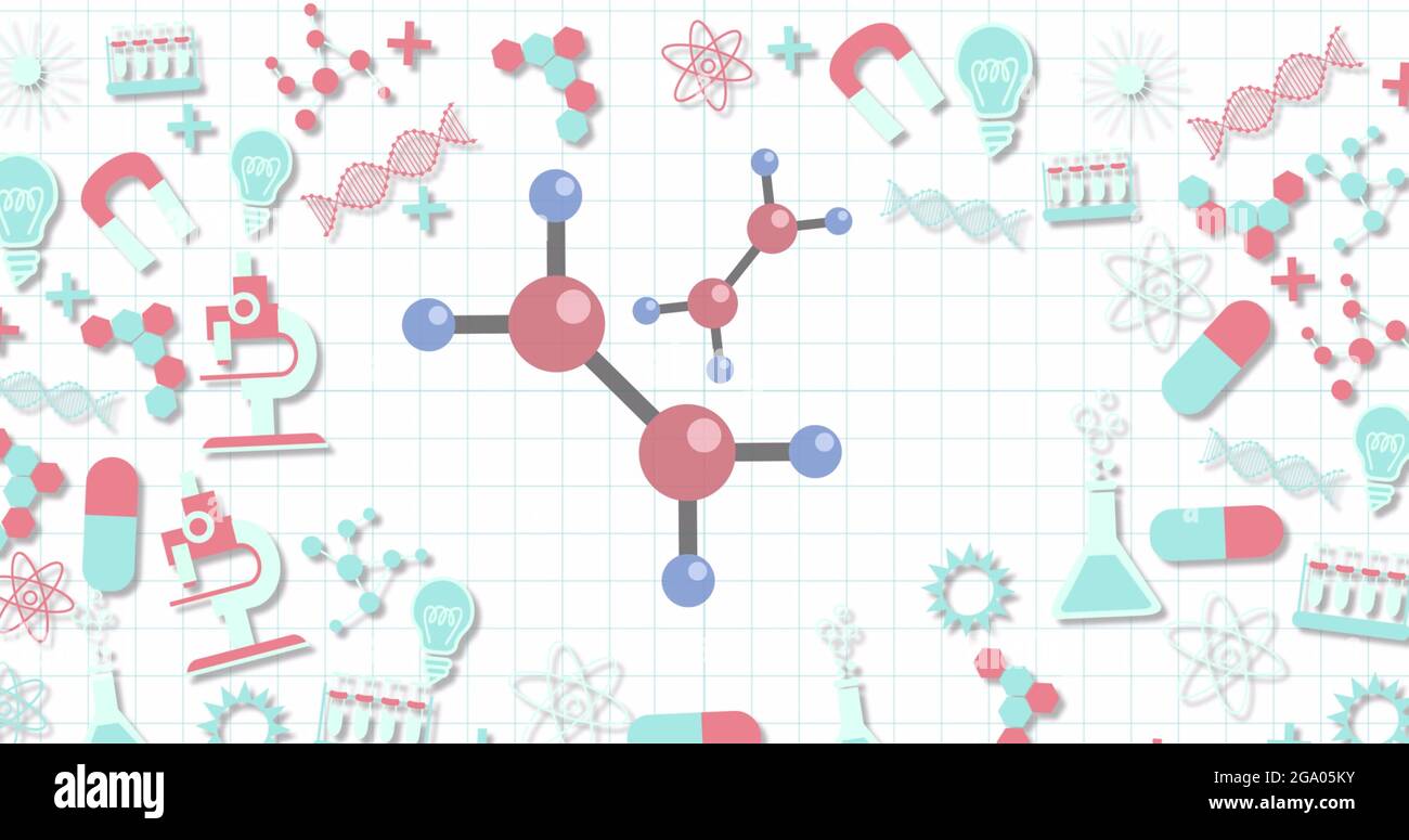 Science concept icons moving against square lined paper Stock Photo - Alamy