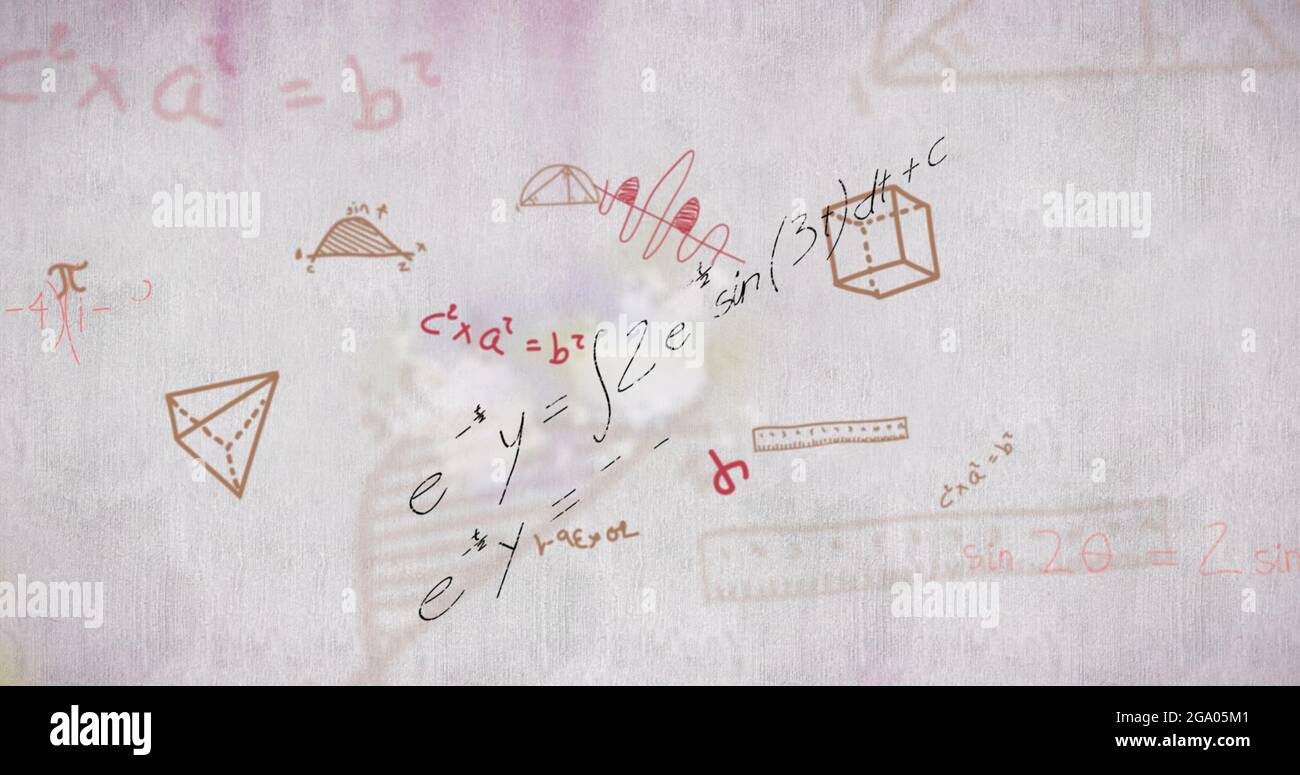 Mathematical equations and diagrams against white background Stock ...