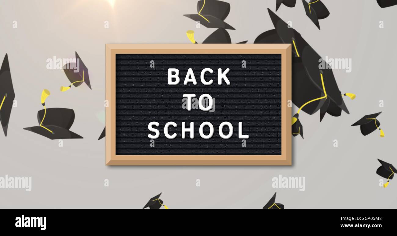Back To School text over multiple graduation caps falling against white ...