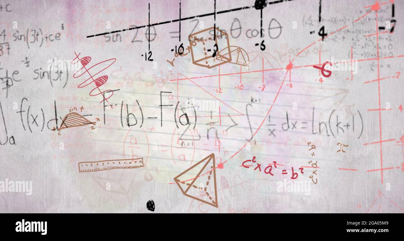 Mathematical equations and diagrams against white background Stock ...