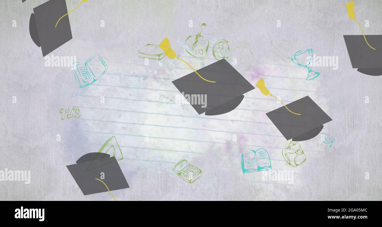 Multiple graduation caps falling against mathematical equations Stock ...